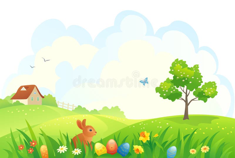 Cartoon Easter Animals Spring Scene Stock Illustration - Illustration ...