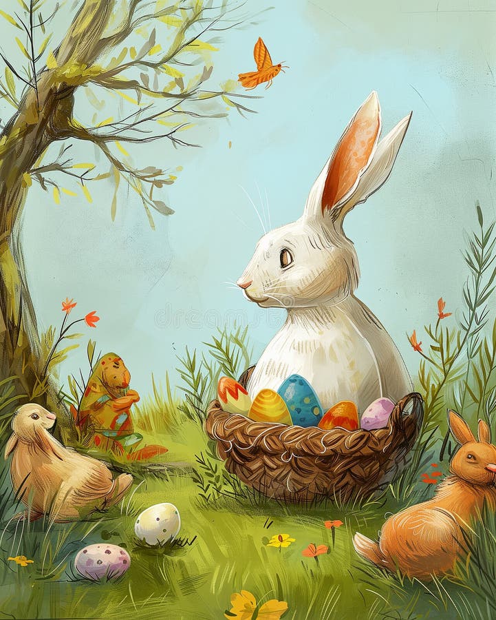 Easter Scene Picture Book Drawing Stock Photo - Image of bunny, gift ...