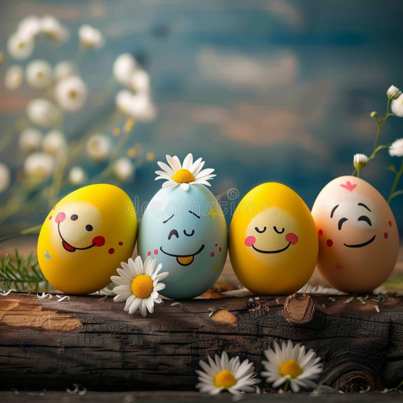 Easter Scene Smiley Faced Eggs and Daisies on Rustic Wood Stock ...