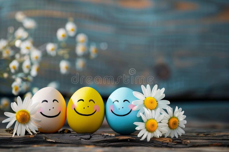 Easter Scene Smiley Faced Eggs and Daisies on Rustic Wood Stock ...