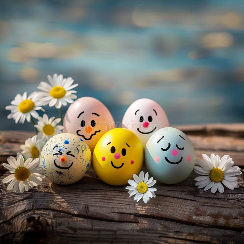 Easter Scene Smiley Faced Eggs and Daisies on Rustic Wood Stock ...