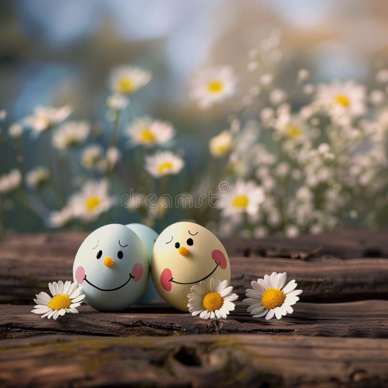 Easter Scene Smiley Faced Eggs and Daisies on Rustic Wood Stock ...