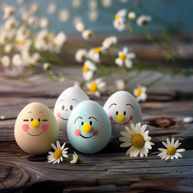 Easter Scene Smiley Faced Eggs and Daisies on Rustic Wood Stock ...