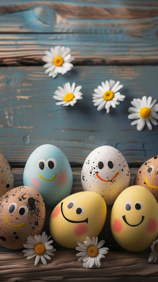 Easter Scene Smiley Faced Eggs and Daisies on Rustic Wood Stock ...