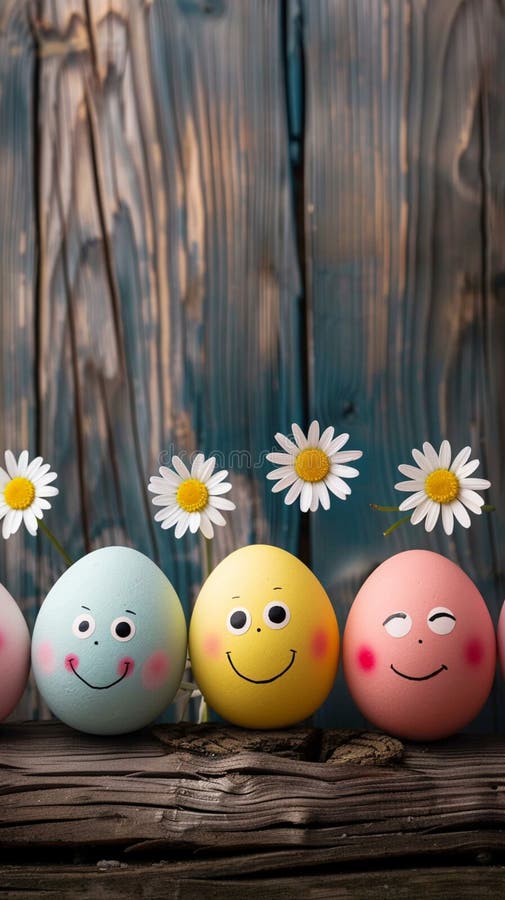 Easter Scene Smiley Faced Eggs and Daisies on Rustic Wood Stock ...