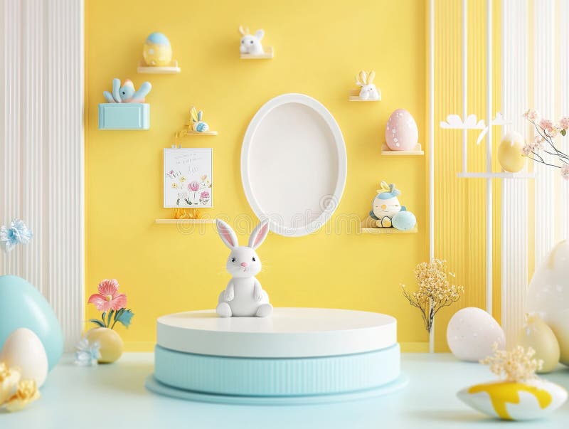 Easter Scene with a Yellow Wall, Windows, Shelves Adorned with Easter ...