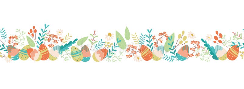 Easter Seamless Border with Hand-drawn Decorative Eggs in Flower Meadow ...