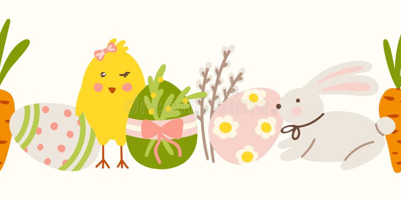 Easter Seamless Border Pattern with Bunny Eggs and Chick Stock Vector ...