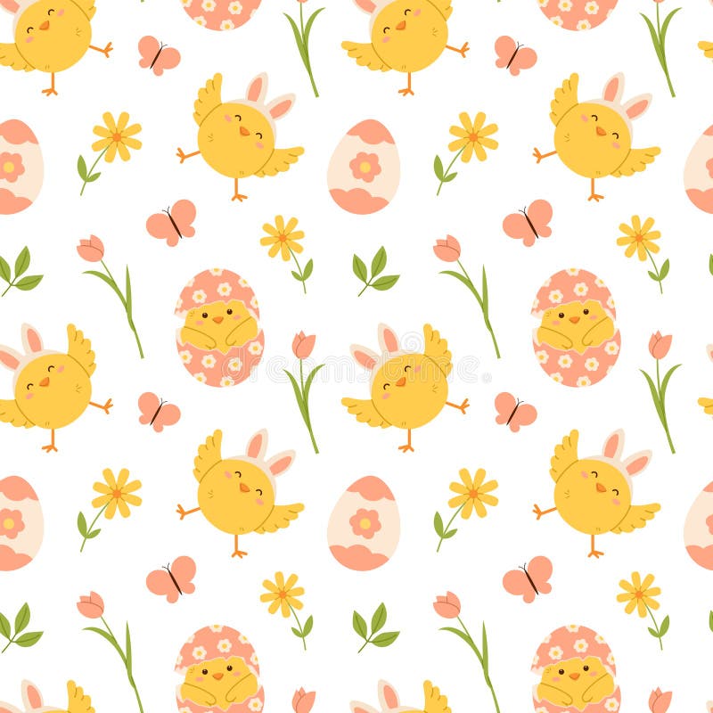 Easter Seamless Pattern with Eggs, Chickens and Flowers Stock Vector - Illustration of animal ...