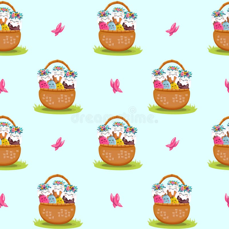Easter Seamless Pattern with Funny Sweets. Cupcake, Cake, Dessert with Easter Symbols. Vector ...