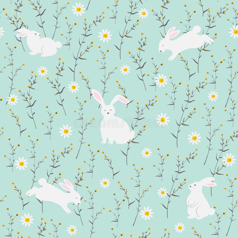 Easter Seamless Pattern with Hand Drawn White Rabbits Happy in the ...
