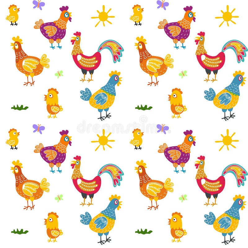 Easter Seamless Pattern with Hen and Nest. Hen and Chicken, Rooster ...