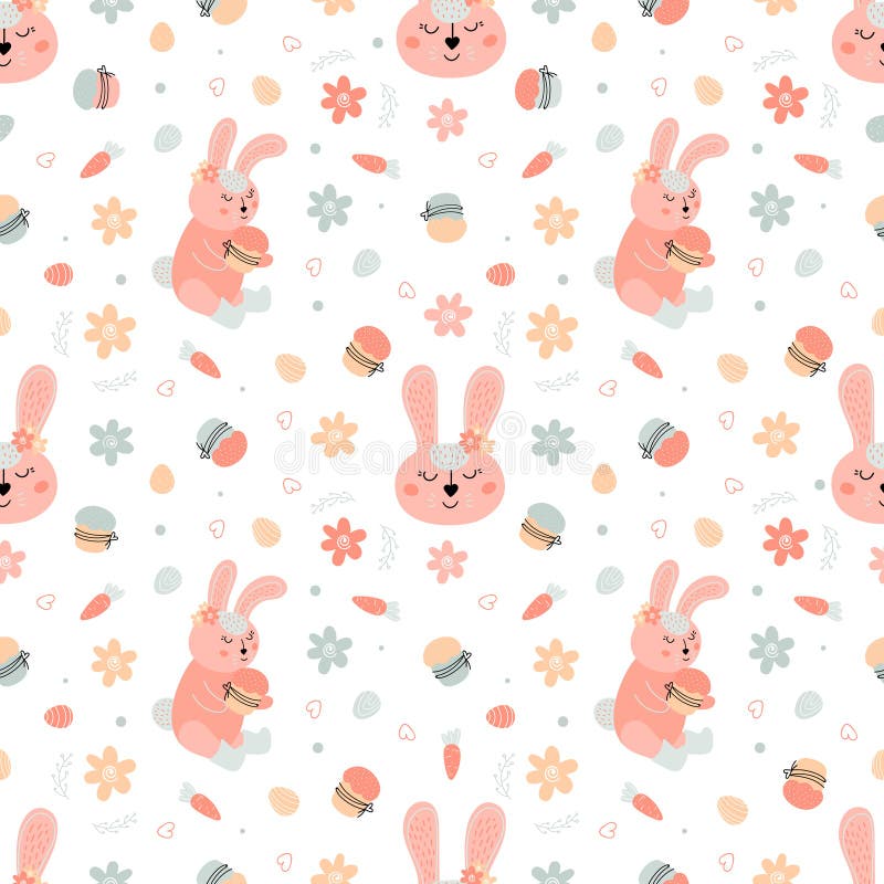 Easter Seamless Pattern with Rabbits, Cakes, Eggs, Willow. Cute Easter Bunnies Pattern. Vector ...
