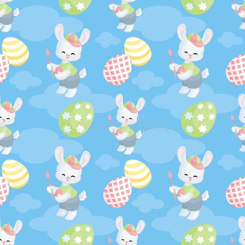 Easter Seamless Pattern with Rabbits, Carrots and Flowers on a ...