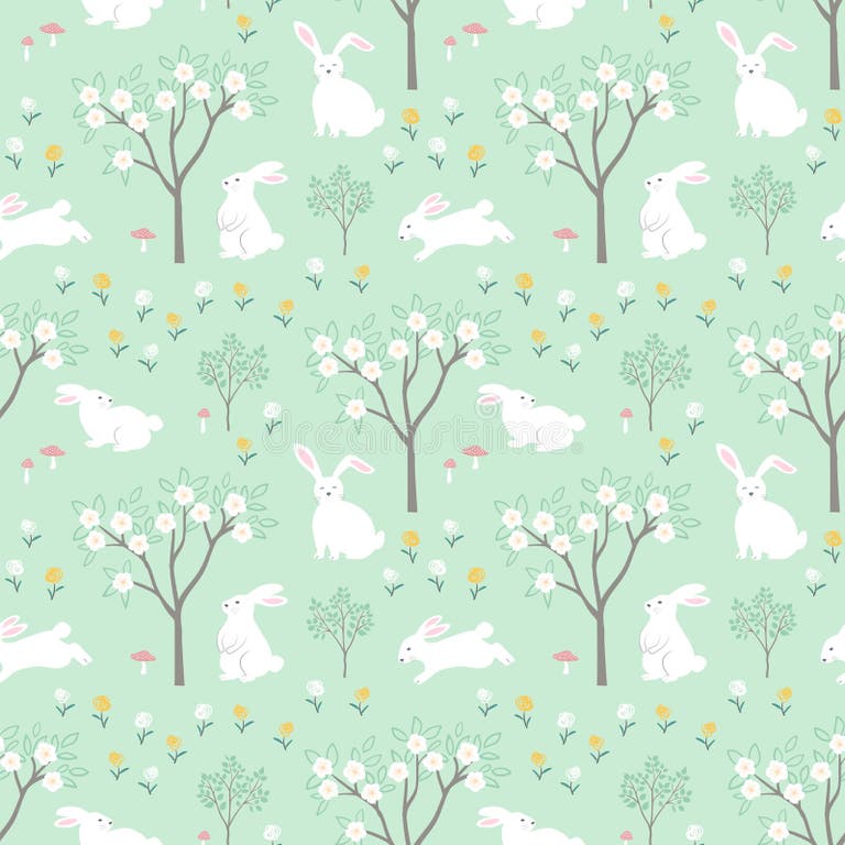 Easter Seamless Repeat Pattern with Cute Hand Drawn Rabbits on Green ...