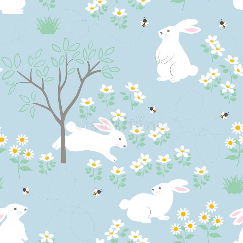 Easter Seamless Repeat Pattern with Cute Hand Drawn Rabbits on Spring ...