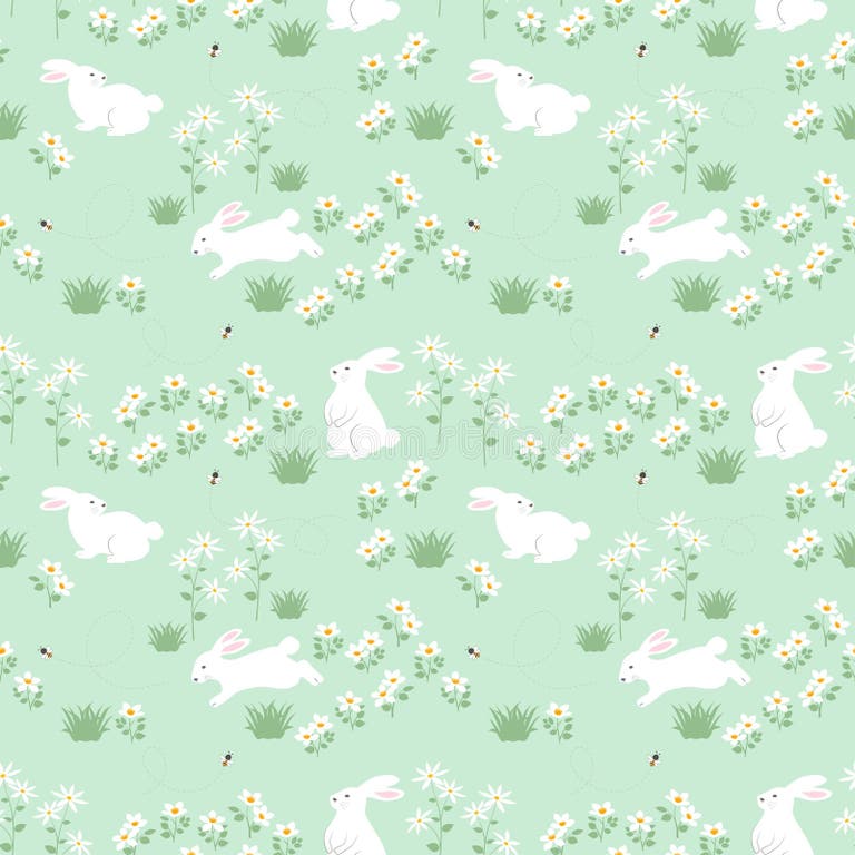 Easter Seamless Repeat Pattern with Cute Rabbits and Daisy Flowers on ...
