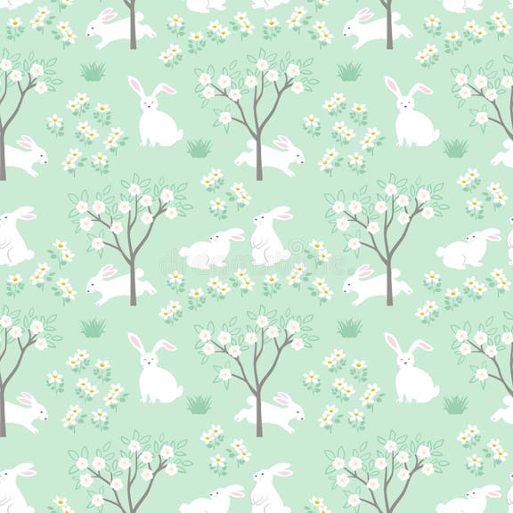 Easter Seamless Repeat Pattern with Cute Rabbits on Spring Forest Stock ...