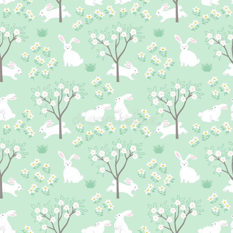 Easter Seamless Repeat Pattern with Cute Rabbits on Spring Forest Stock ...