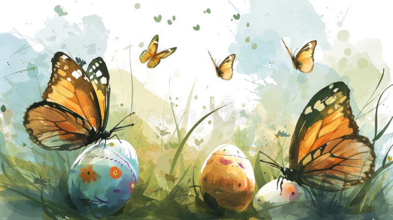 Easter Serenity with Monarch Butterflies Resting on Pastel Eggs Stock ...