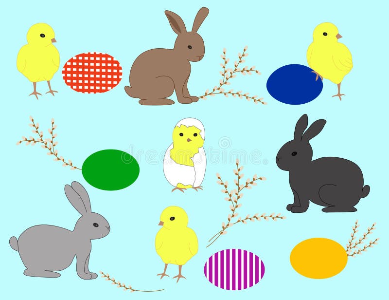 Easter, Easter Set, Bunnies, Chickens, Eggs, Willow Branch Stock Vector ...