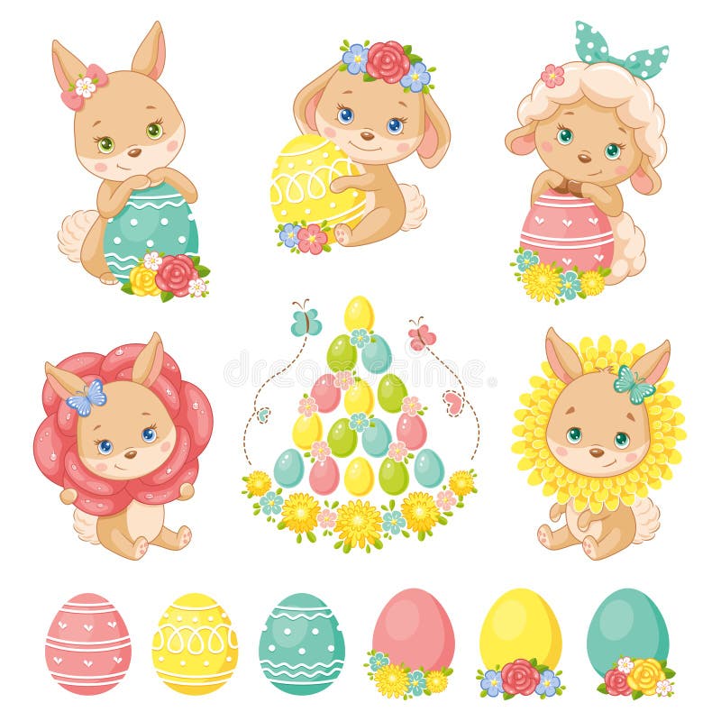 Easter Set with Bunnies, Sheep and Eggs. Cartoon Vector Illustration ...