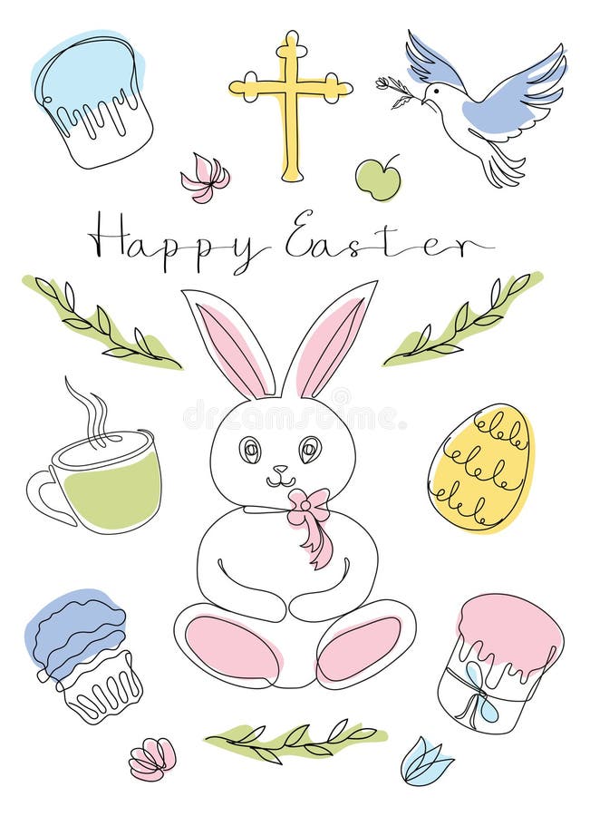 Easter Set in Continuous One Line Style with Design Elements Like Bunny ...