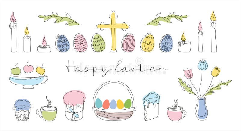 Easter Set in Continuous One Line Style with Design Elements Like ...