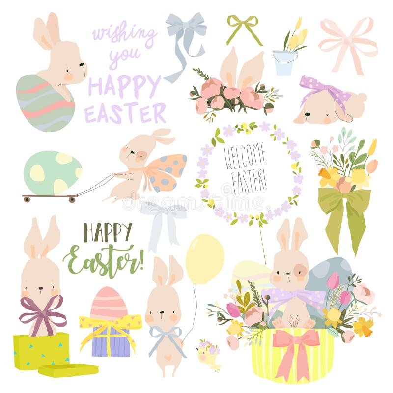 Easter Set with Cute White Bunnies, Eggs and Flowers Stock Vector ...