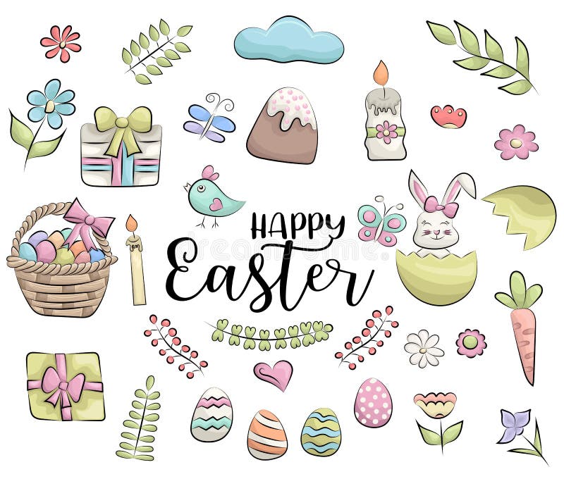Easter Set of Icons and Objects. Hand Drawn Doodle Cartoon Style Spring ...