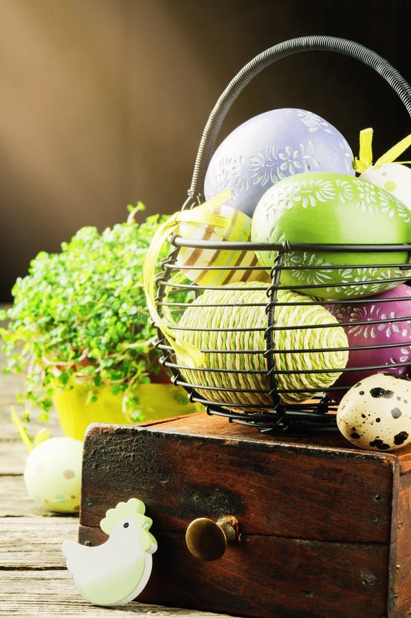 Easter Setting with Colorful Decorative Eggs Stock Photo - Image of ...
