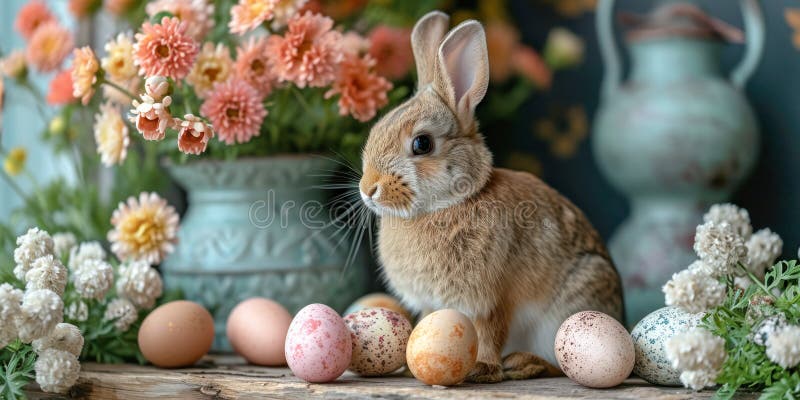 Easter Setting with a Fluffy Rabbit, Colorful Easter Eggs and Spring ...