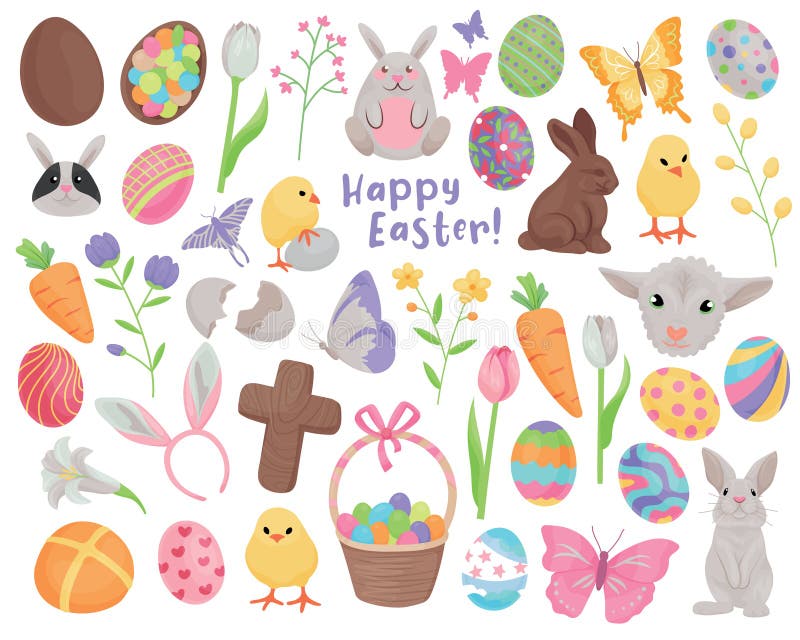 Set of Easter Holiday Celebration Themed Vector Illustrations. Colorful ...