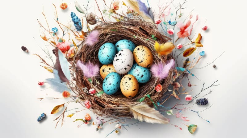 Easter Spectacle: Multicolored Quail Eggs and Graceful Petals on White ...