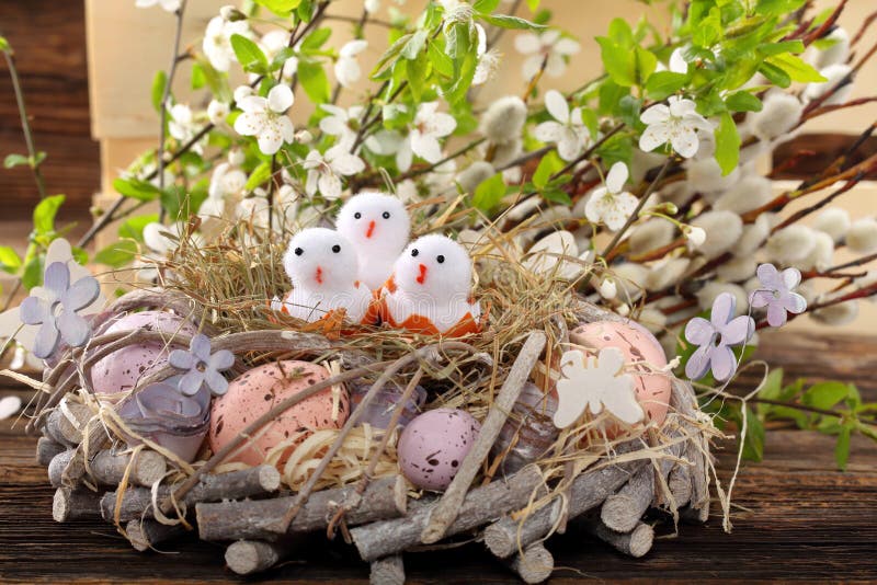 Easter Spring Chickens in Nest Decoration Stock Photo - Image of animal ...