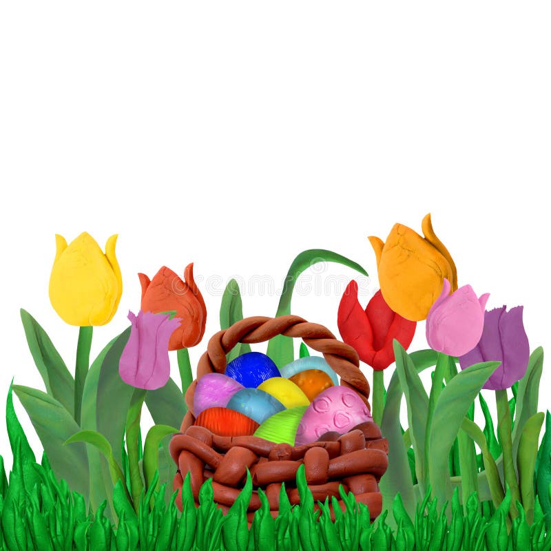 Easter Spring Greeting Card Template with Tulips and Grass Border ...