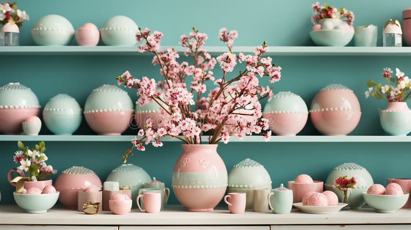 Easter Spring Mint Pink Decor with Painted Pink Eggs in Interior Stock ...