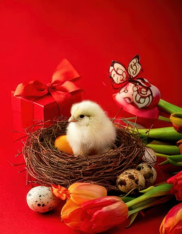 Easter Spring Nest with Eggs Tulips Butterfly and Baby Chick Stock ...