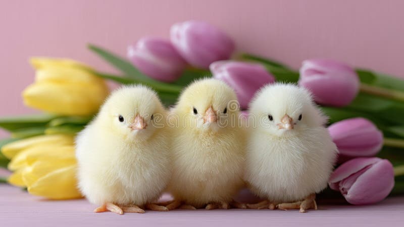 Easter Spring Scene, Yellow Easter Chicks among Vibrant Tulips on a ...