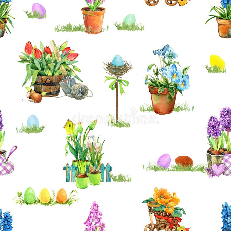 Easter Spring Seamless Pattern with Eggd, Garden Spring Flowers. Hand ...