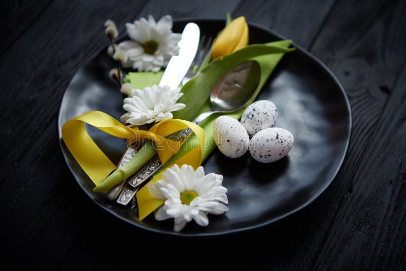 Easter Spring Table Dishware Composition with Yellow Tulip Flower Stock ...