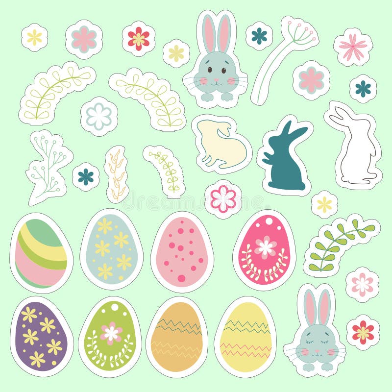 Easter Stickers on a Blue Background. Flowers, Rabbits and Eggs Stock ...