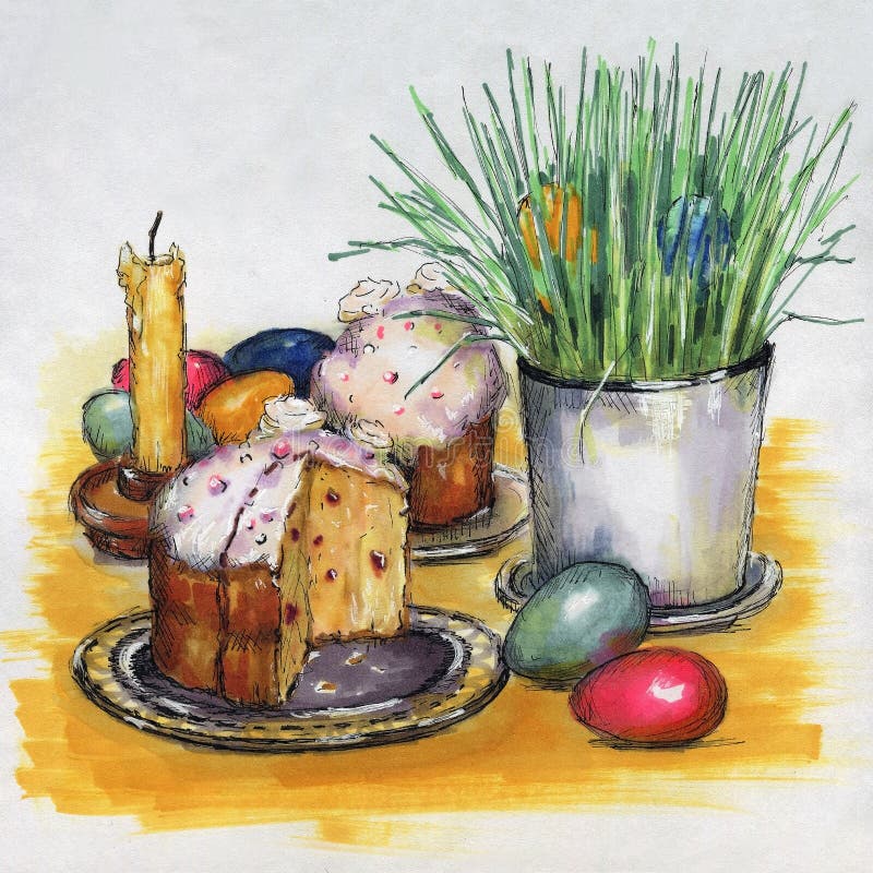 Easter Still Life. Easter Cakes and Beautiful Eggs Stock Illustration ...