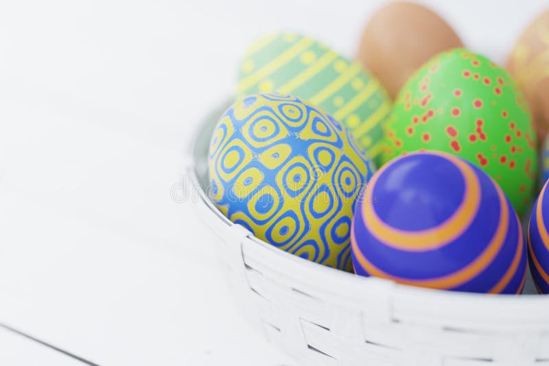 Easter Still Life. Colorful Easter Eggs in a White Basket on a Wooden ...
