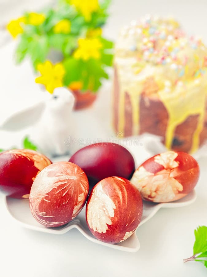 Easter Still Life. Easter Painted Eggs in a Nest with a Bouquet of ...