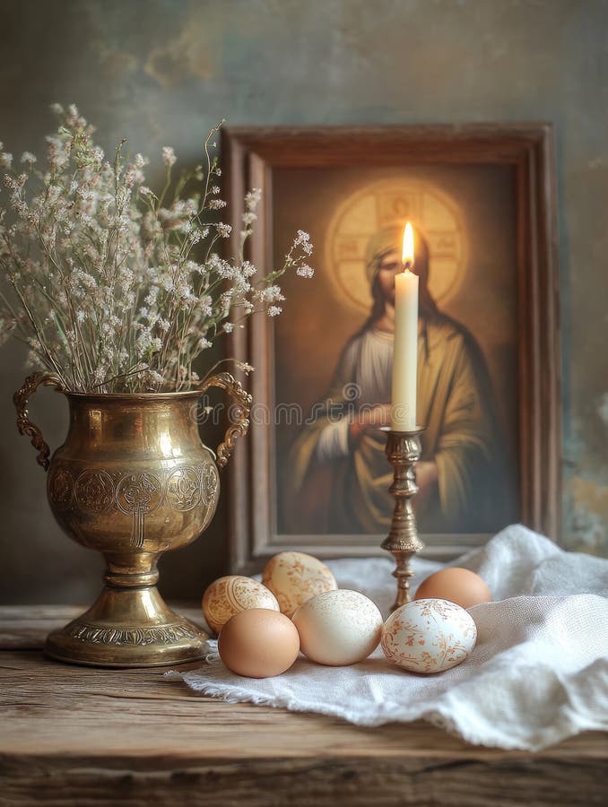 Easter Still Life Eggs Candle Vintage Religious Decor Stock Photos ...