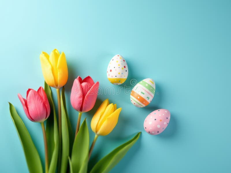 An Easter Still Life Features Three Decorated Eggs on a Light Blue ...