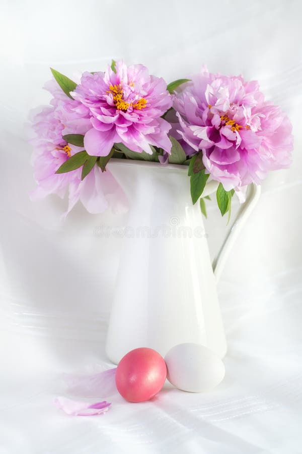 Easter Still Life with Peonies and Coloured Easter Eggs Stock Photo ...