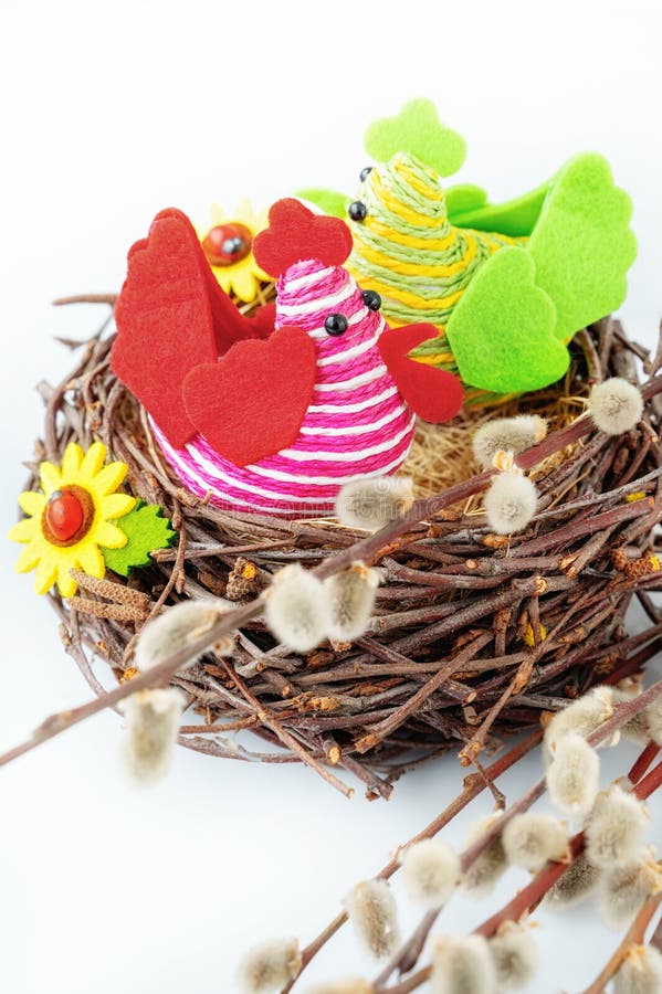 Easter Still Life. Easter Stylized Chickens in a Nest with a Bouquet of ...