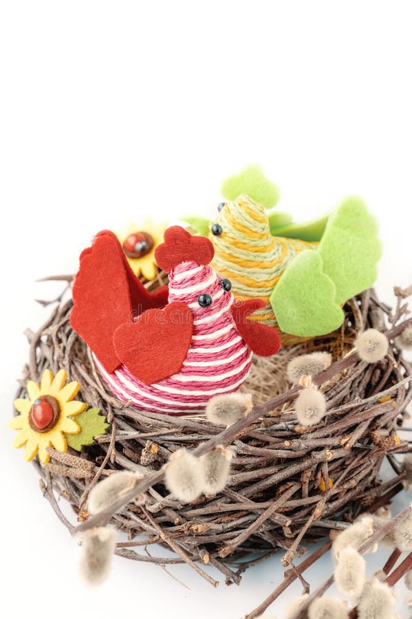 Easter Still Life. Easter Stylized Chickens in a Nest with a Bouquet of ...
